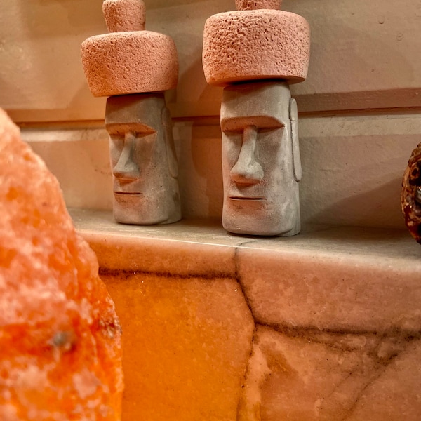 Set of 2 Tiki Moai Easter Island Head Sculpture (gray With Red Hat) - Etsy