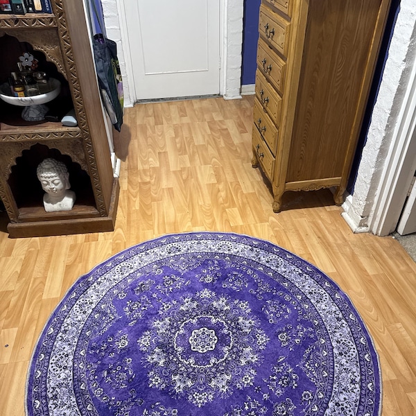 Round Cobalt Blue Turkish Rug, Beige Blue Oushak Rug, Dark Academia ...