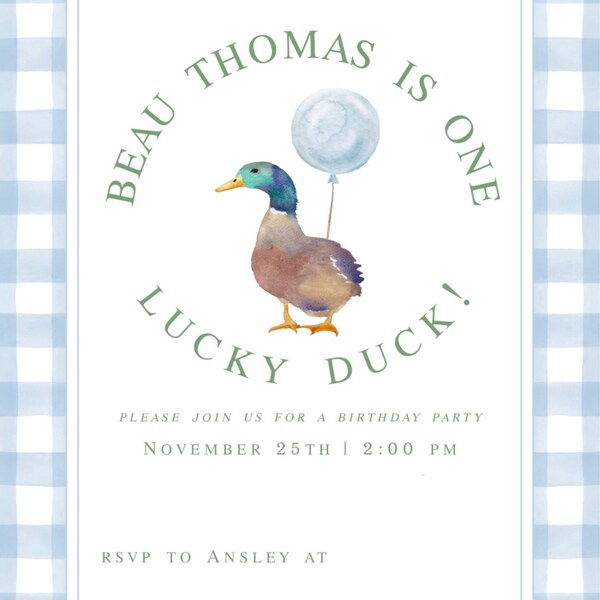 Editable One Lucky Duck Mallard Duck Signs One Year Old Birthday Party ...