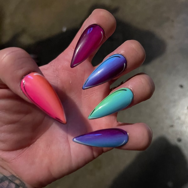 Rainbow Pop Art Nails/ Neon Press on Nails/ Handcrafted Neon Ombre ...