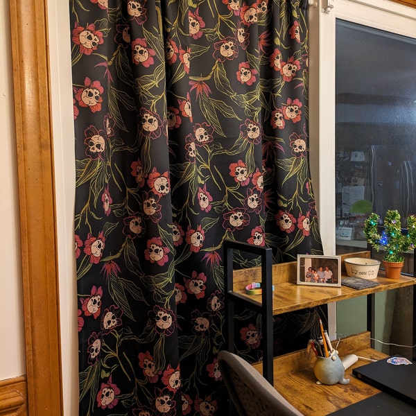 Bones & Botany Curtain, Elegant Macabre Skull Window Curtains W/ Gothic ...