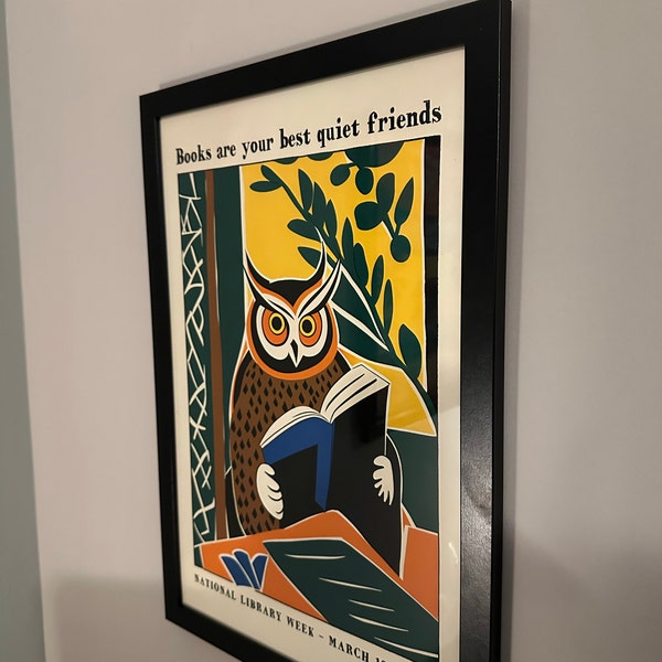 RETRO READING POSTER - Owl Giclee Linocut Art Print Vintage Books Quote ...