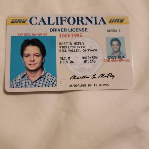 Marty Mcfly ID CARD - Back to the Future - Michael J Fox - License ...