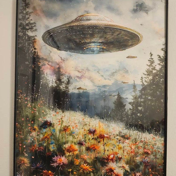 UFO Surreal Art Print,wildflower Meadow, Eclectic Wall Art, Floral ...