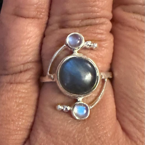 Natural Moonstone and Labradorite Ring , Blue Flashy Two Gemstone Ring ...