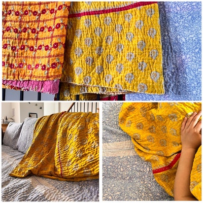 Indian Handmade Patchwork Silk Kantha Quilt Hippie Bedding Bedspread ...