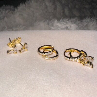 Colourful Gold Earring Stack Set Gold Link Hoop Ear Stack Set Triple ...