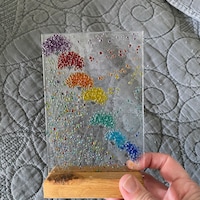 Whimsical Bright Rainbow Flowers Fused Glass Art Picture Sun Catcher & Wooden Display Stand ...