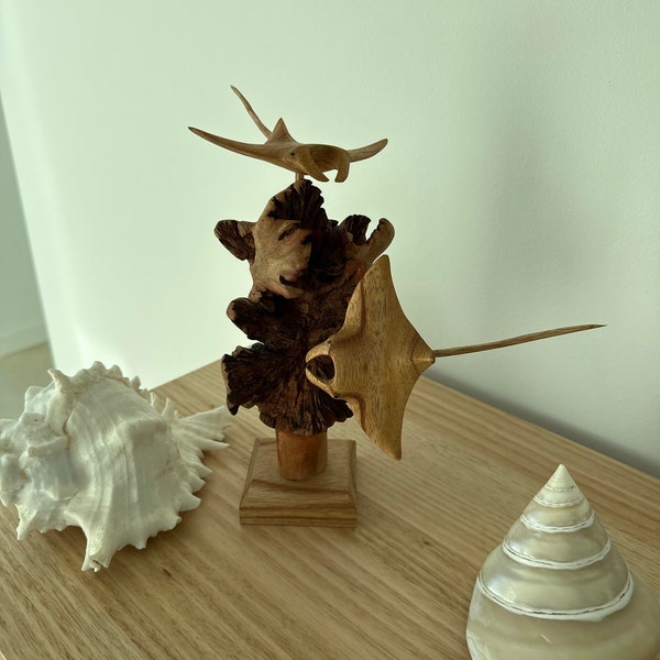 Wooden Manta Ray Couple Sculpture, Art Piece, Exotic, Figurine, Fish ...