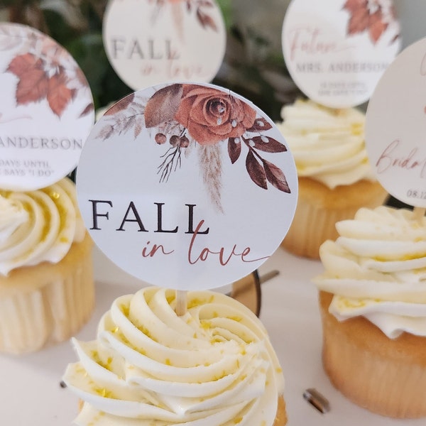 Fall Bridal Shower Cupcake Toppers, Fall in Love Bridal Shower ...