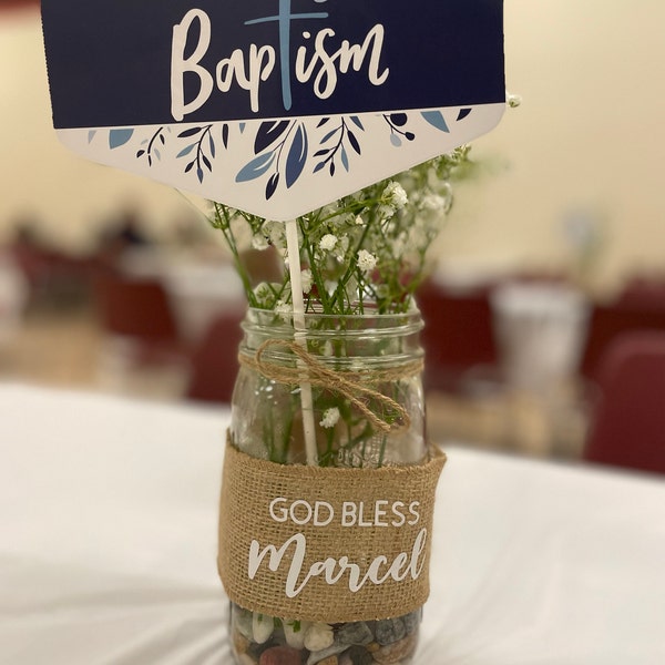 Rustic Baptism Decorations, Personalized Burlap Wrap and Twine, Jars ...