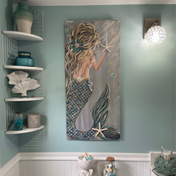 Horizontal Mermaid Original Painting on Wood in Navy’s and Aqua - Etsy