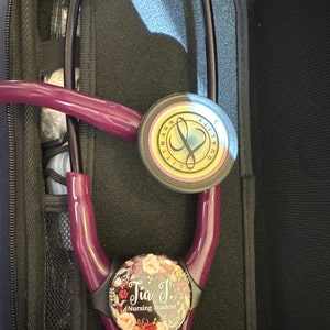 Pink & Black Floral Wreath Stethoscope ID Tag N Cardiology Stethoscope ...
