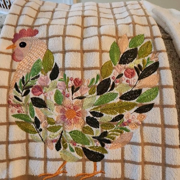 Floral Chicken Embroidery Design: Rustic Farmhouse Hen, Chiken ...
