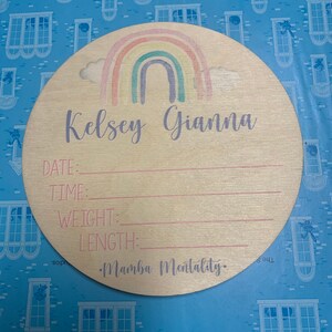 Birth Stat Sign, Round Wood Birth Stat Sign, Pastel Rainbow Birth Stat ...