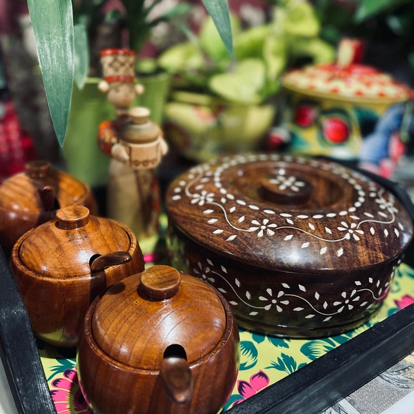 16 Square Compartments & Spoon Wooden Handmade Spice Box/ Masala Dabba ...