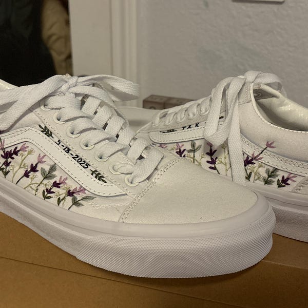 Wedding Vans, White Primrose Embroidered Vans Custom, Blue Flower ...