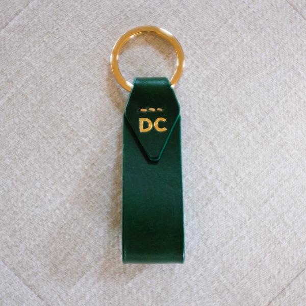 Green Italian Leather Key Chain With Gold Key Ring, Personalized ...