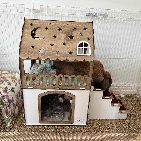 Wooden Rabbit House, Two Storey Rabbit Castle, Modern Rabbit Furniture ...