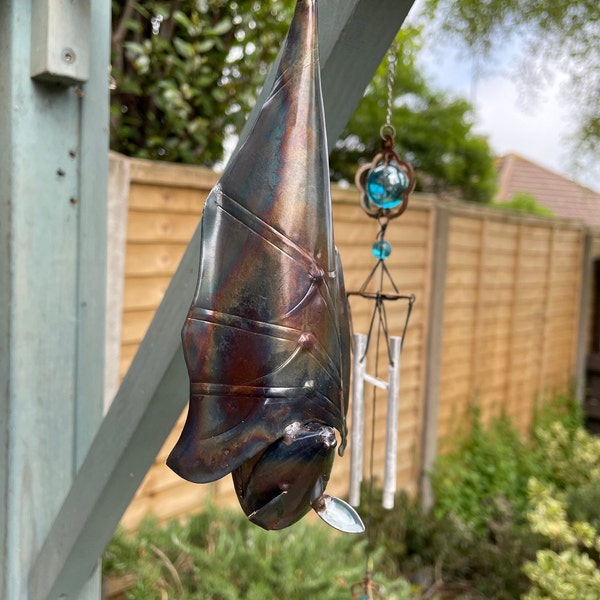Hanging Bat With Folded Wings. Handcrafted Metal Bats, Outdoor Bat ...