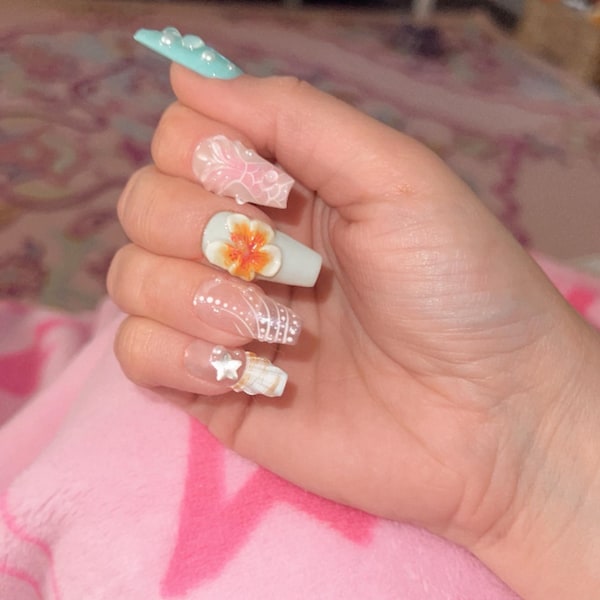 Fairy Dream Flower Garden Long Almond Press on Nails, 3D Gel Fairycore ...