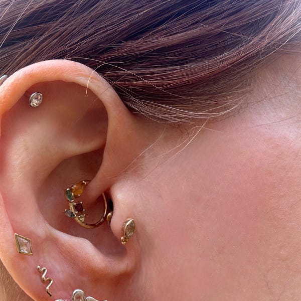 14K Solid Gold Dangle Moss Agate Piercing, Moss Agate Hidden Helix ...