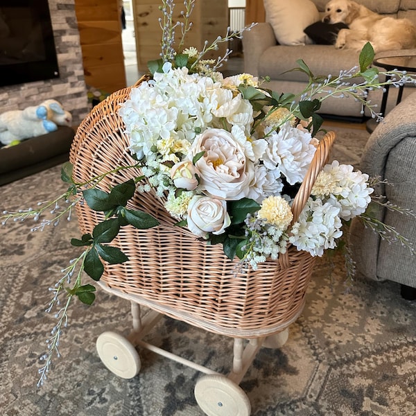 Wicker Baby Carriage, Flower Basket, Doll Pram, Wicker Doll Stroller ...