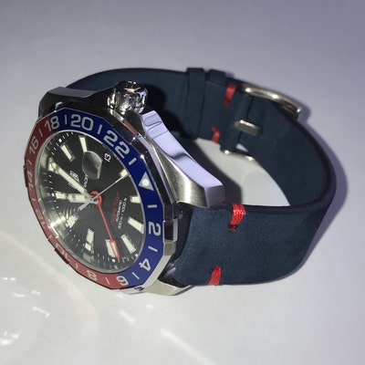 BLUE Nubuck Leather Watch Strap Band RED Stitching Quick Release - Etsy