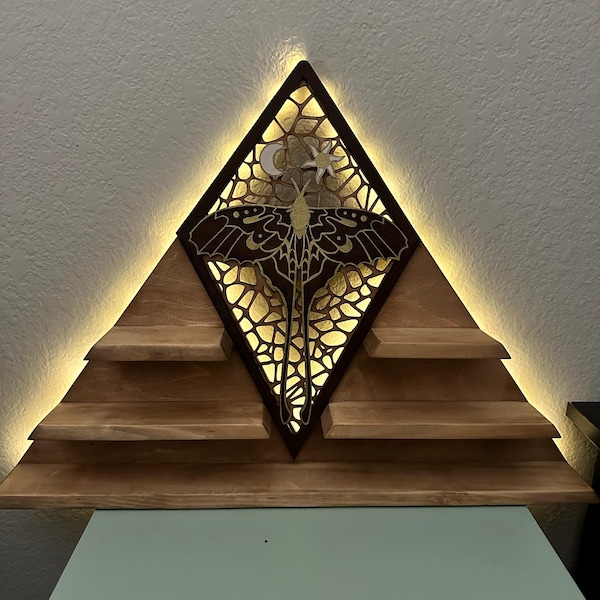 Golden Luna Moth Shelf, Moon Shelf, Crystal Shelf, Handmade Geometric ...