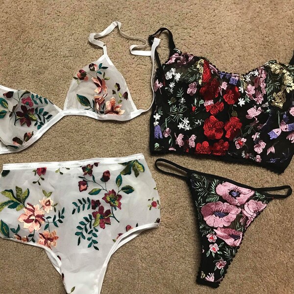 Embroidered Bohemian Floral Lingerie Set, Triangle Bra, White Bralette ...