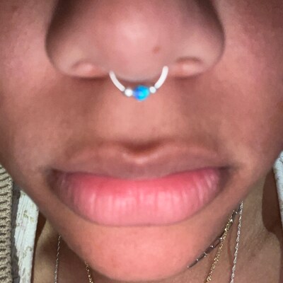 Sterling Silver Fake Septum Piercing With Opal Bead, Fake Septum Ring for Non Pierced Nose, Faux ...