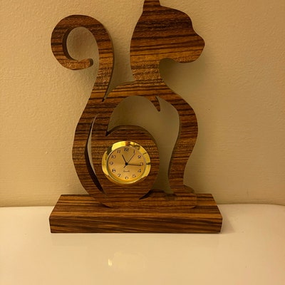 Cat Desk Clock With Scroll Saw Design Cedar, Cherry, Walnut, Mahogany ...
