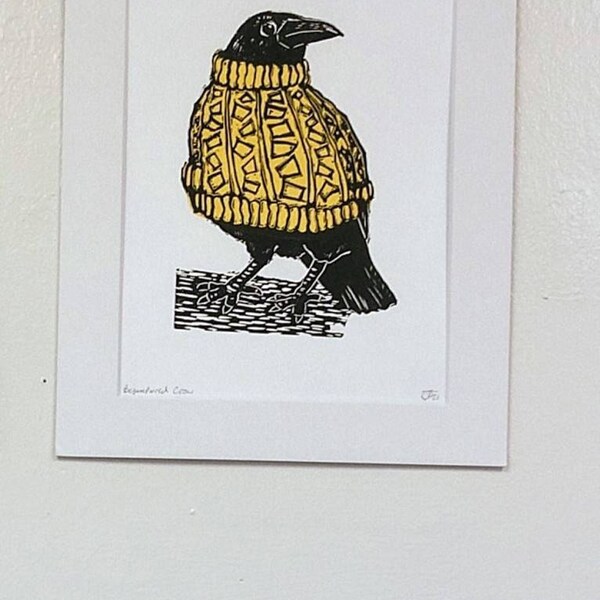 Crow Wearing a Mustard Yellow Jumper Handmade Linocut Bird Art Print - Etsy