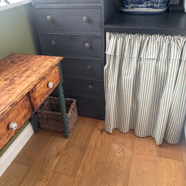 Kitchen Hideaway Curtain With Frill in Red & Natural Stripe, Cupboard ...