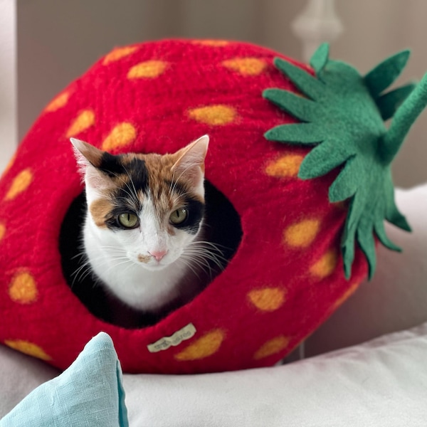 Red Strawberry Cat Cave Cat Bed, Fair-trade Made From Natural Wool Felt ...