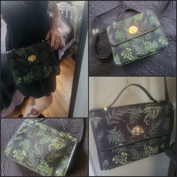 Boho Fern Forest Black Canvas Satchel Bag, Green Crossbody Moon Purse ...