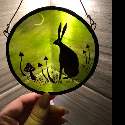 Patchwork Cat & Hare Hand Painted Stained Glass Panel moongazing Window ...