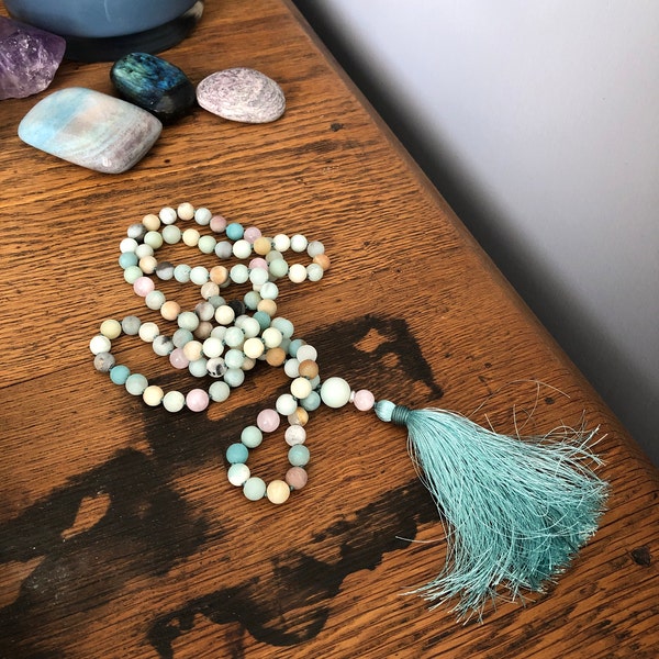 Mala for Calming - Amazonite Mala Beads - 108 Bead Mala Necklace - Rose ...
