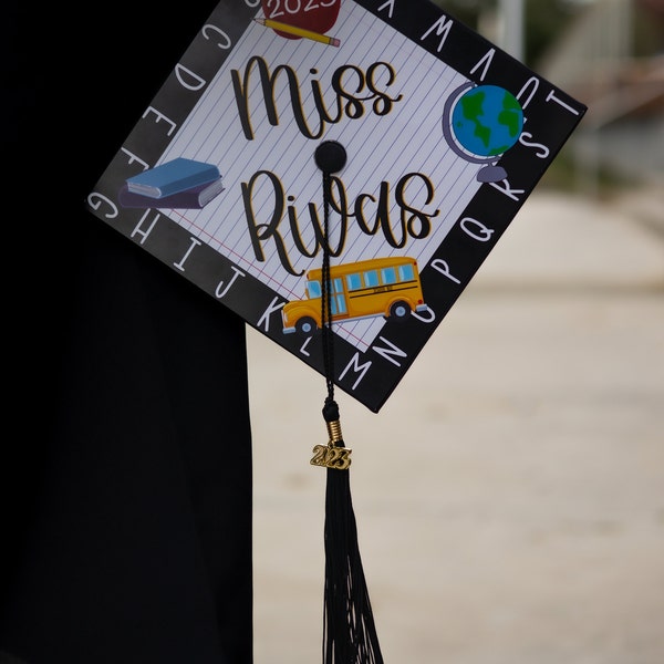Custom "alphabet Border" Graduation Cap Topper, Teacher Graduation Cap ...