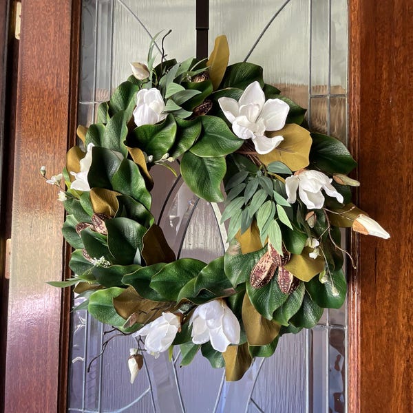 Magnolia Wreath for Front Door With Realistic White Magnolia Blooms ...
