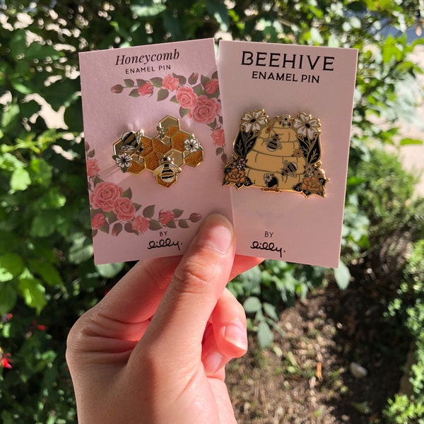 Beehive Hard Enamel Pin, Honeybee Floral Flowers Botanical Animal ...