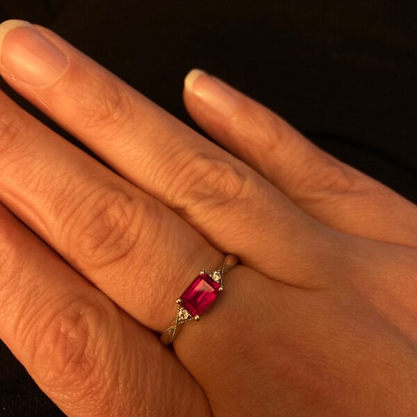 Lab Ruby Ring, Emerald Cut, July Birthstone Ring, Sterling Silver ...