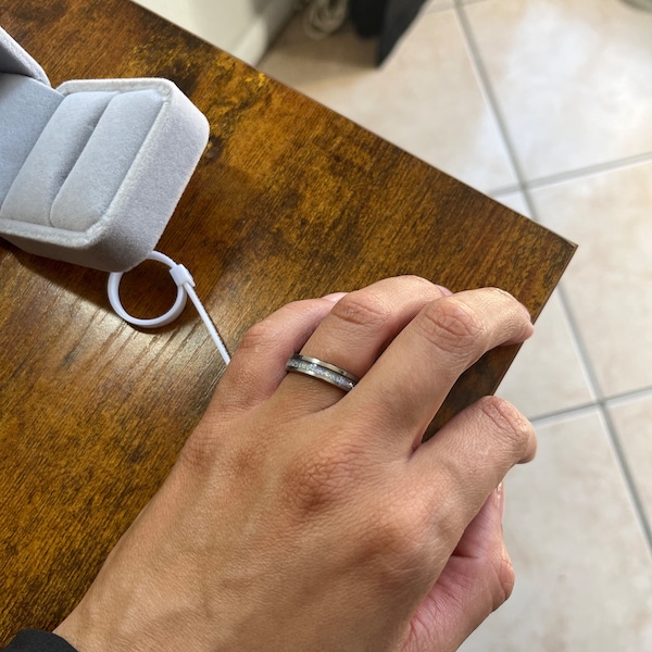 Crushed Moonstone Silver Tungsten Wedding Band, 4mm Nebula Ring ...