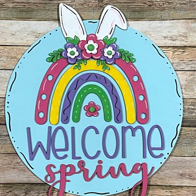 Boho Rainbow Bunny Spring Welcome Door Hanger Split Option Sign SVG ...