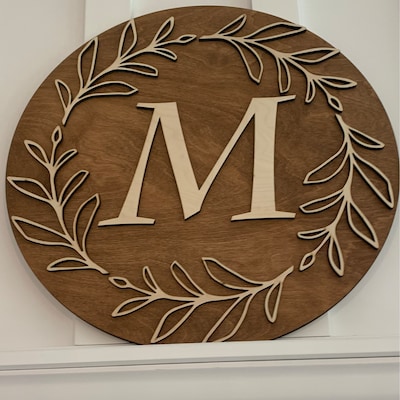 Wooden Round Monogram Sign With Laurels Custom Wood Initial Circle ...