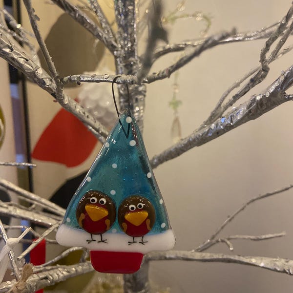 Christmas Tree Decoration Made in Fused Glass With 2 Robins - Etsy UK