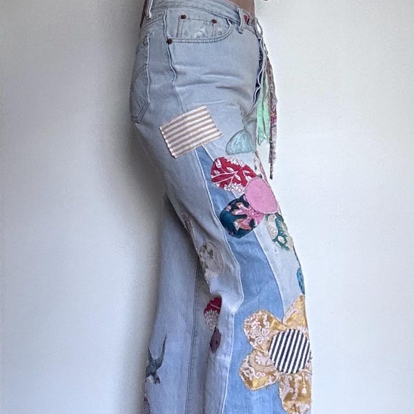 Patched Upcycled Distressed Jeans Size 34, Boho Chic Hippie Festival ...