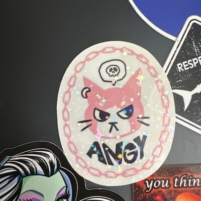 Angry Emo Cat Sticker Holographic Cat Sticker, Waterproof, Cute Cat ...
