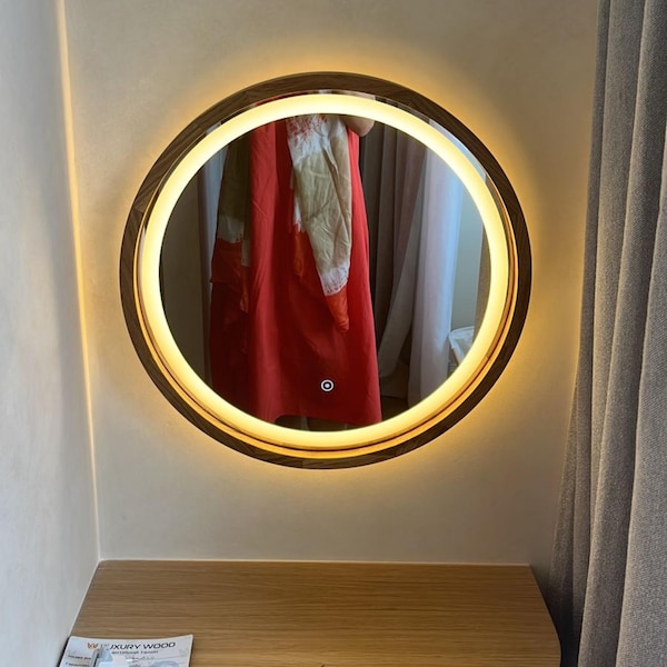LED Mirror With Shelf, Round Mirror, Wood Mirror Wall Decor, Circle ...