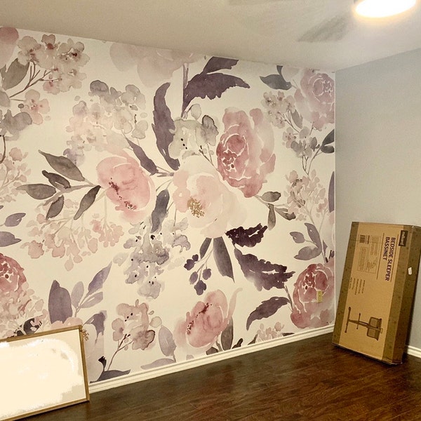 Delicate Forest Floral Large Scale Mural Wallpaper Watercolor Botanical ...